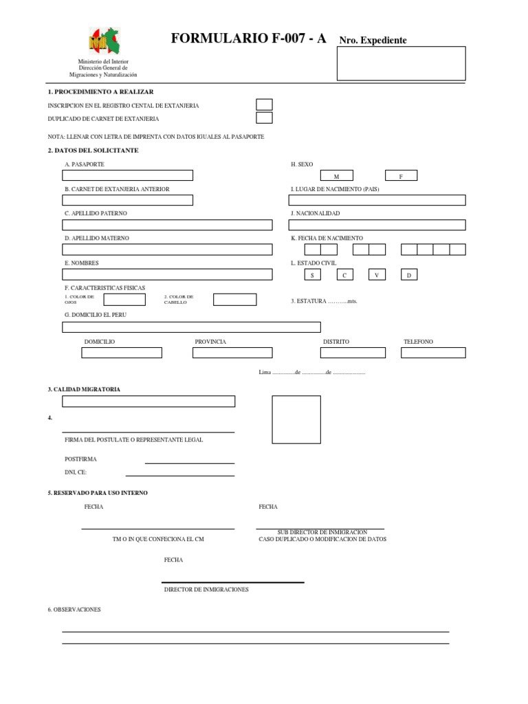 Formulario F-007: Duplicado Carnet Extranjería | PDF