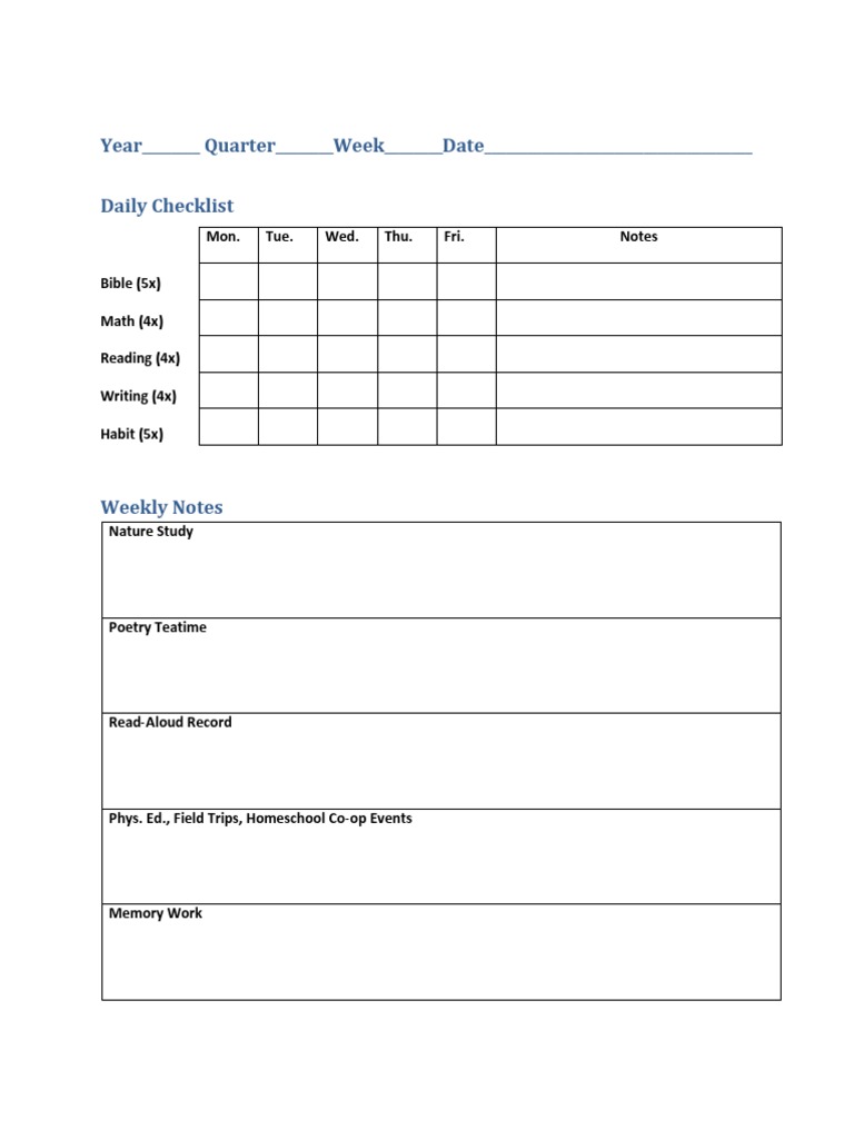 Weekly Homeschool Checklist (Kindergarten) | PDF