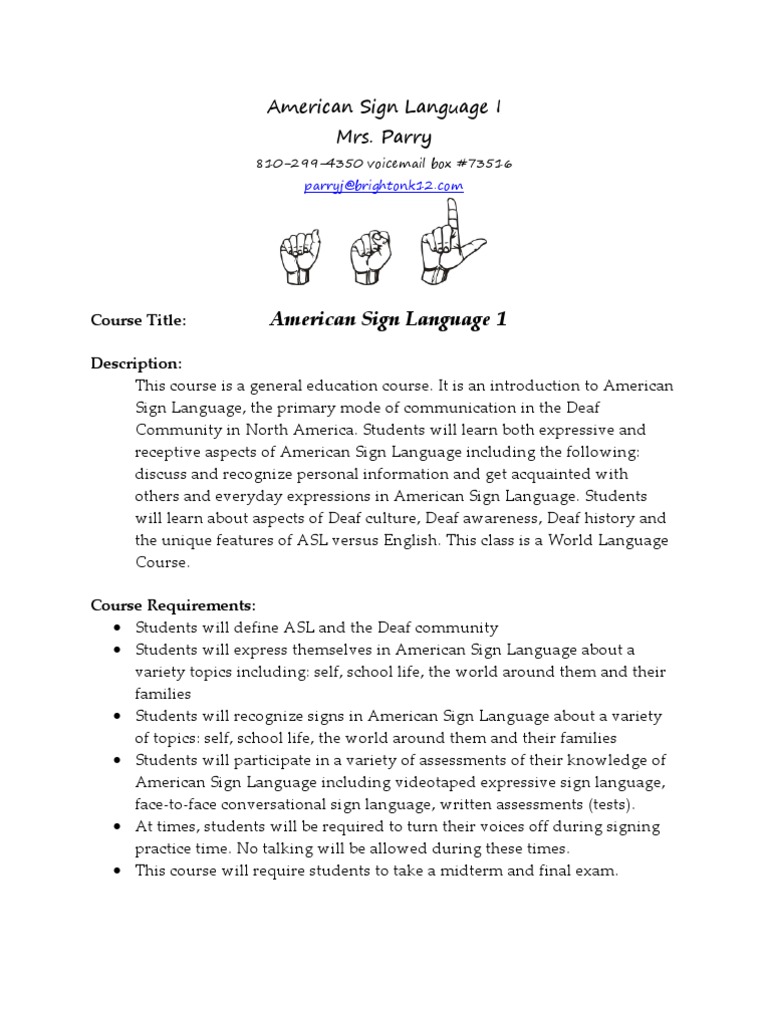 Asl I Syllabus | PDF | American Sign Language | Hearing Loss
