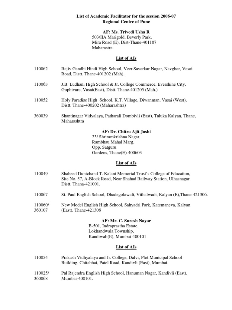 List of Academic Facilitator For The Session 2006-07 Regional Centre of ...