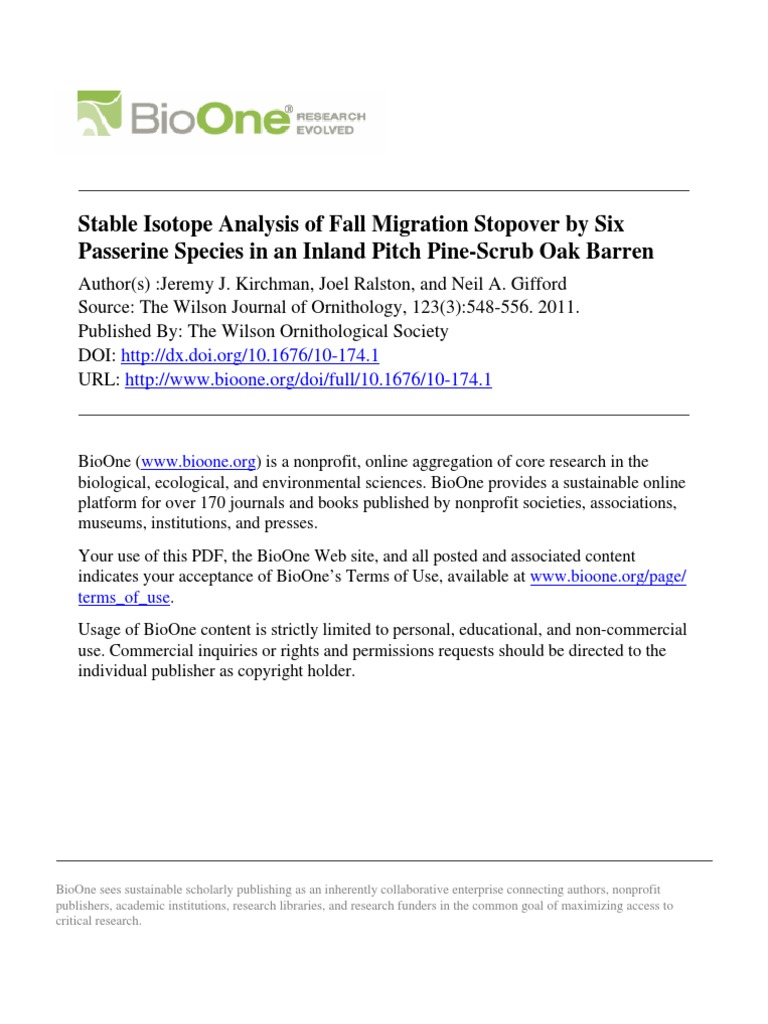 Stable Isotope Analysis of Fall Migration Stopover by Six Passerine ...