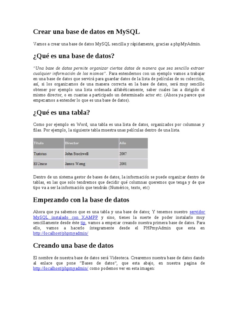 Crear Una Base de Datos en MySQL Con PHPMyAdmin | PDF | Tabla (base de datos) | Bases de datos