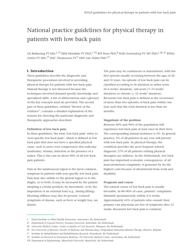 National Practice Guidelines For Physical Therapy in Patients With Low ...