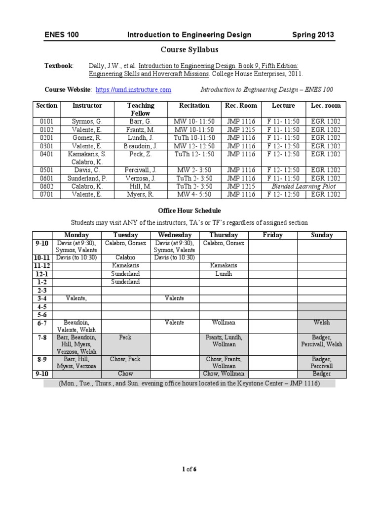 Course Syllabus: ENES 100 Introduction To Engineering Design Spring ...