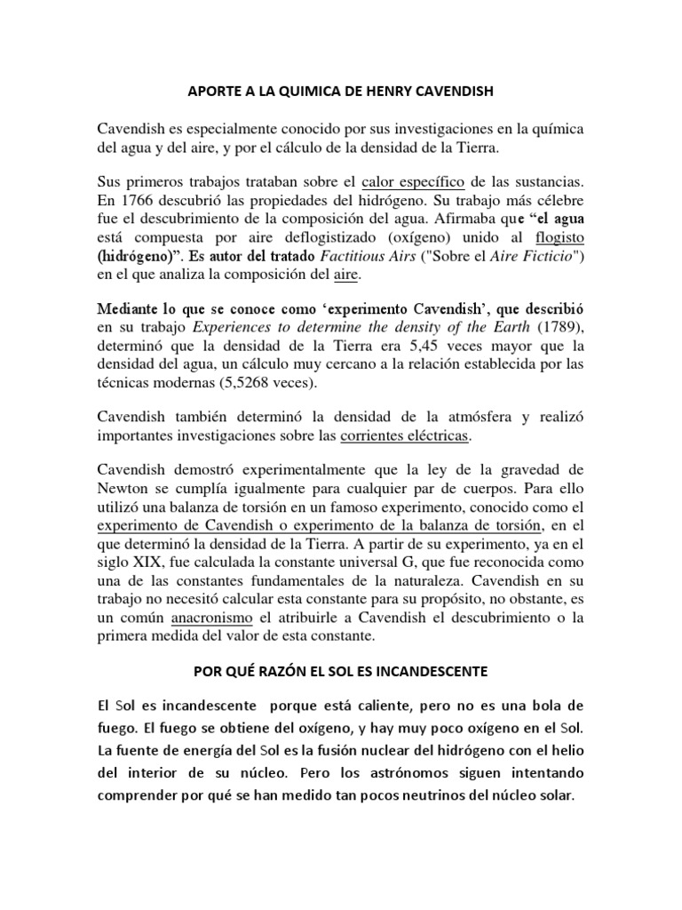 Aporte A La Quimica de Henry Cavendish | PDF | Compuestos químicos | Materiales