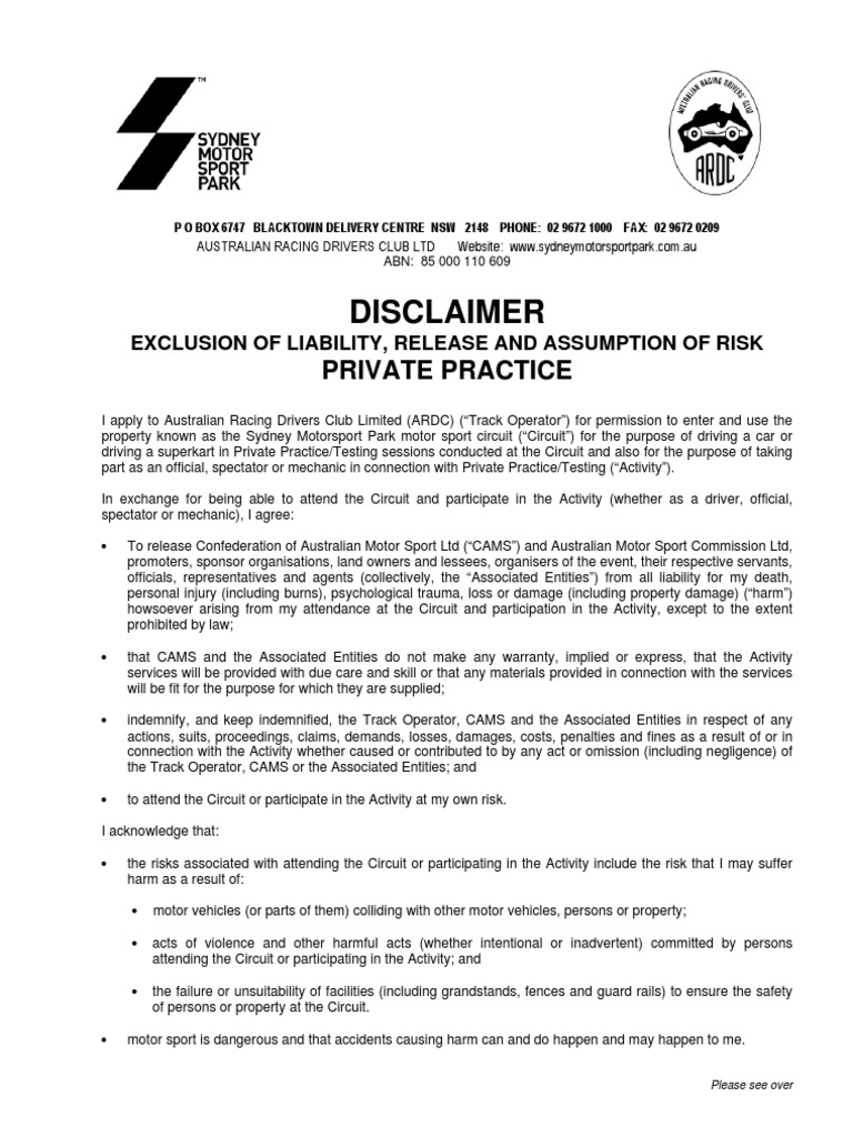 Indemnity Form For ARDC Private Practice Days at Sydney Motorsport Park ...