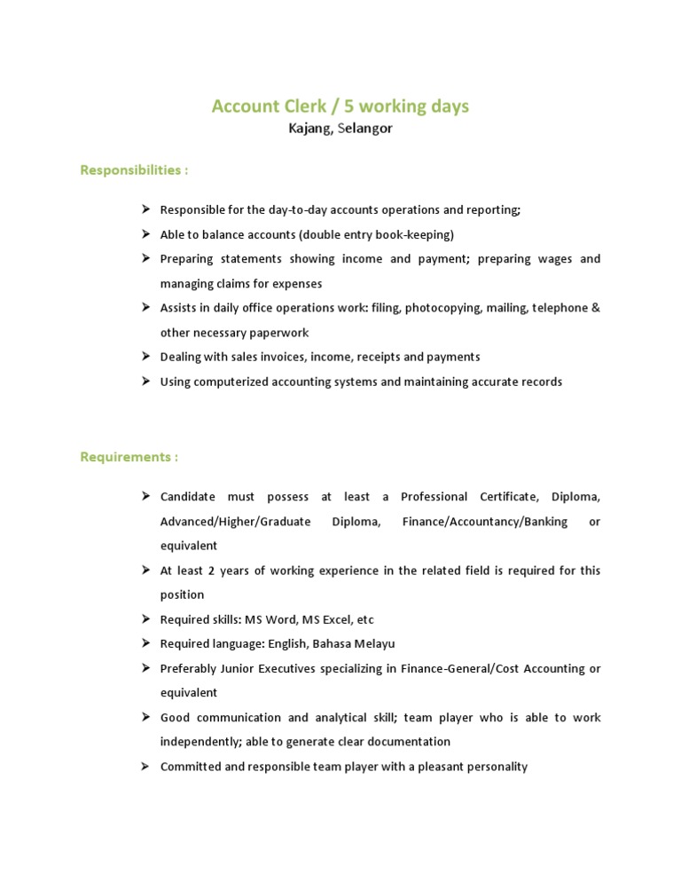 Account Clerk / 5 Working Days: Responsibilities | PDF
