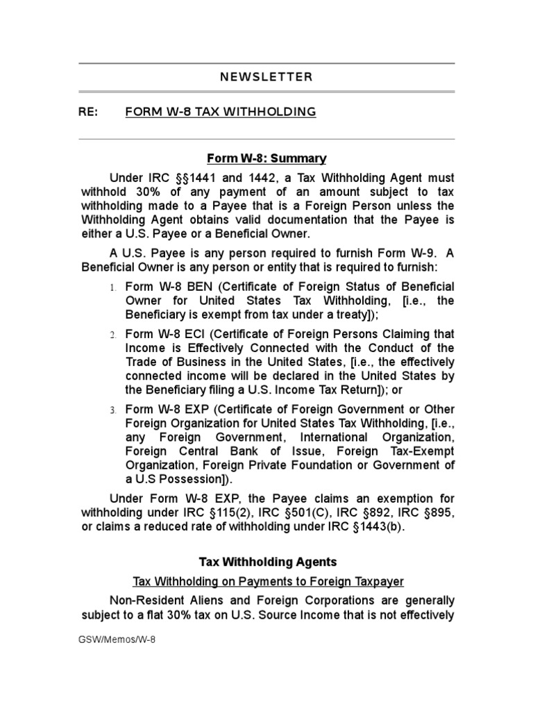 W 8 | PDF | Withholding Tax | Irs Tax Forms