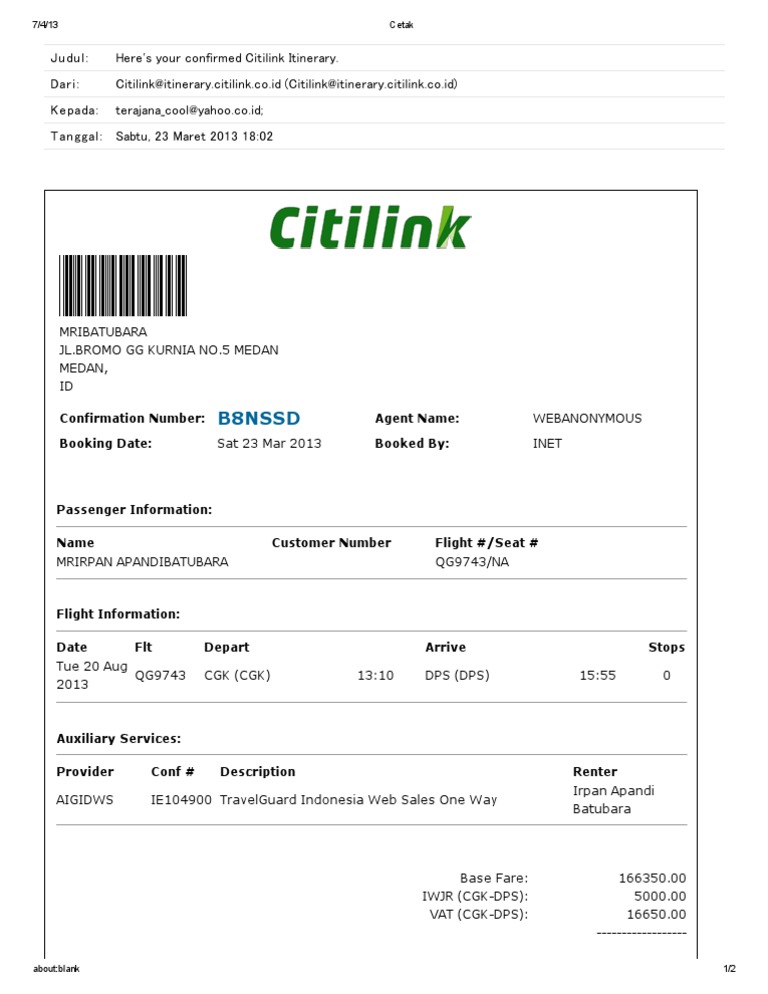 contoh tiket citilink