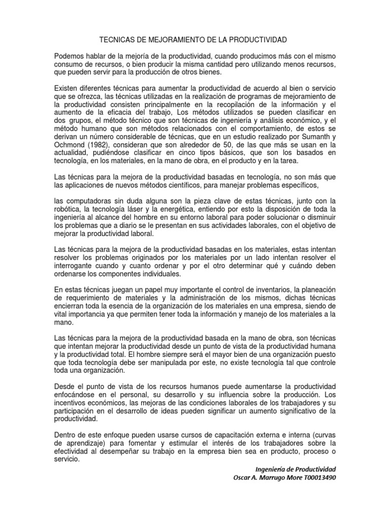Tecnicas de Mejoramiento de La Productividad | PDF | Ciencia y Tecnología | Ingeniería