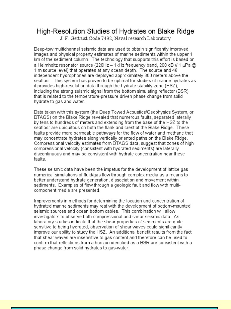 High-Resolution Studies of Hydrates On Blake Ridge: J. F. Gettrust Code ...