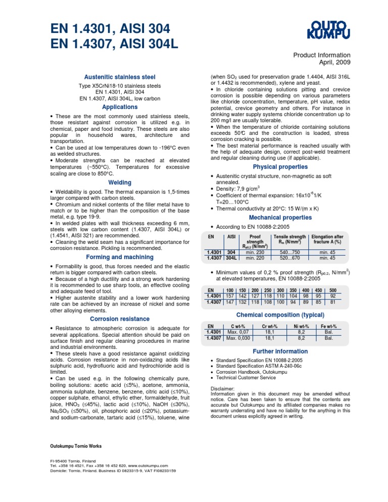 En 1.4301 | PDF | Stainless Steel | Steel