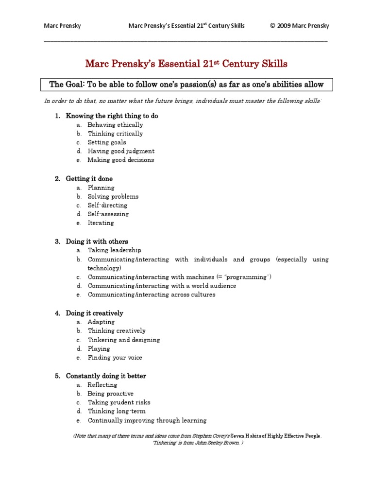 Marc Prensky's Essential Skills For The 21st Century | PDF