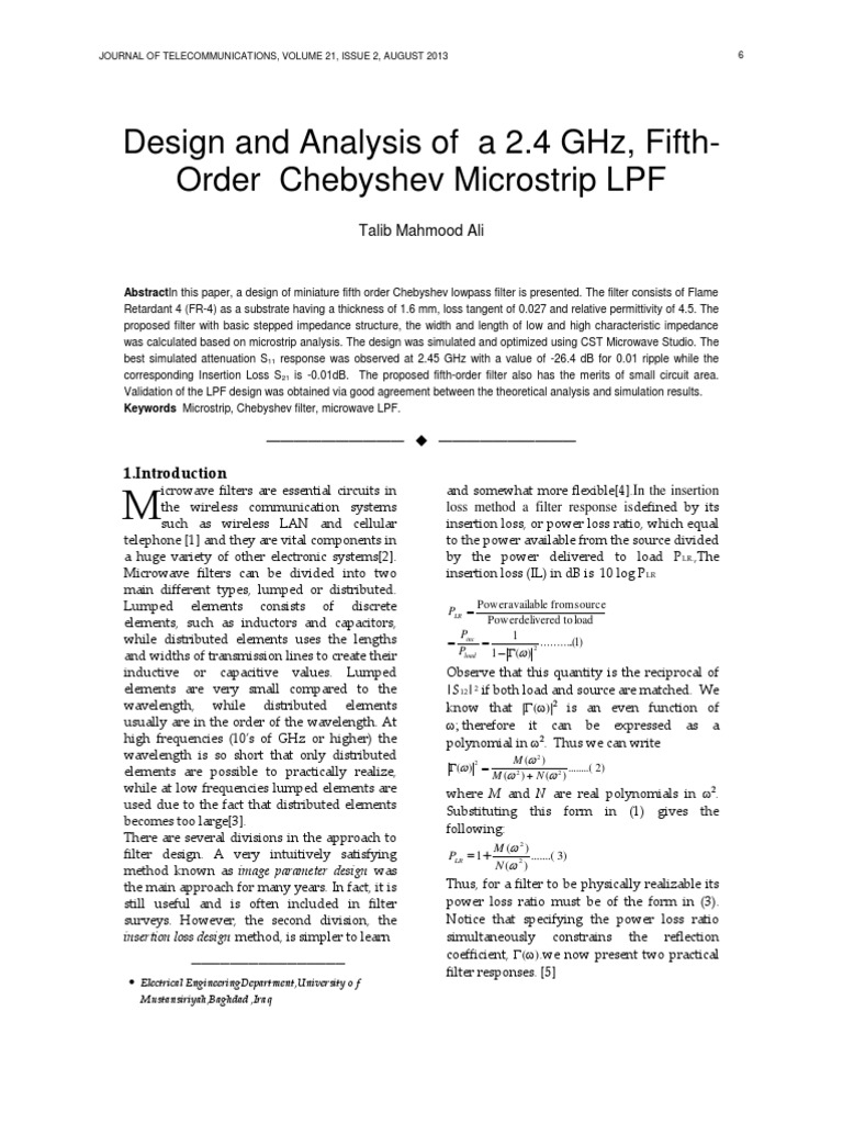 Design and Analysis of A 2.4 GHZ, Fifth - Order Chebyshev Microstrip LPF | PDF | Filter (Signal ...