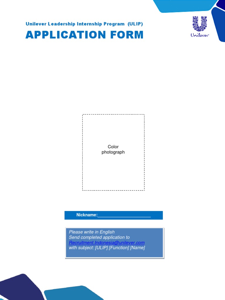 Application Form Unilever Internship Ulip 2013 Tcm110 349706 Pdf