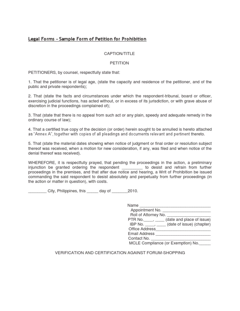Legal Forms-Sample Form of Petition For Prohibition | PDF