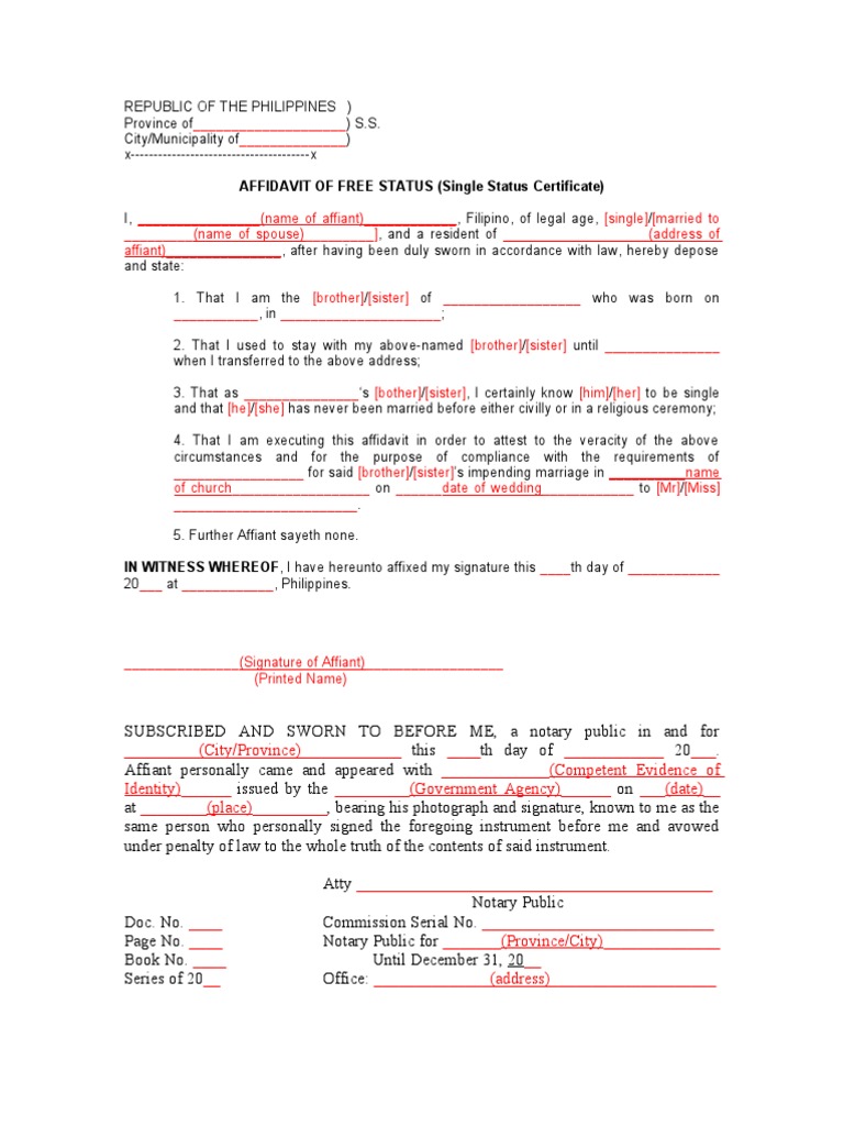 Affidavit of Free Status (Single Status Certificate) | PDF