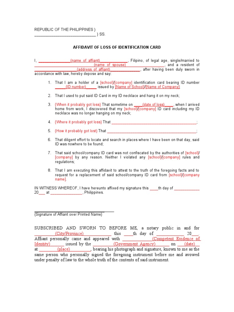 Affidavit of Loss of Identification Card | PDF | Affidavit | Identity ...