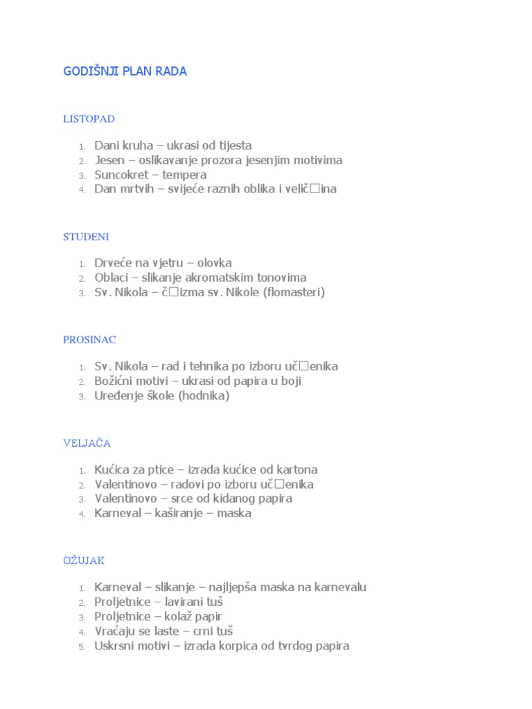 GODIŠNJI PLAN RADA Lik - Sekcija | PDF
