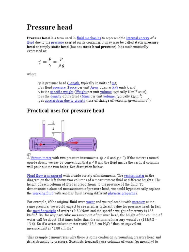 Pressure Head | Pressure Measurement | Pressure