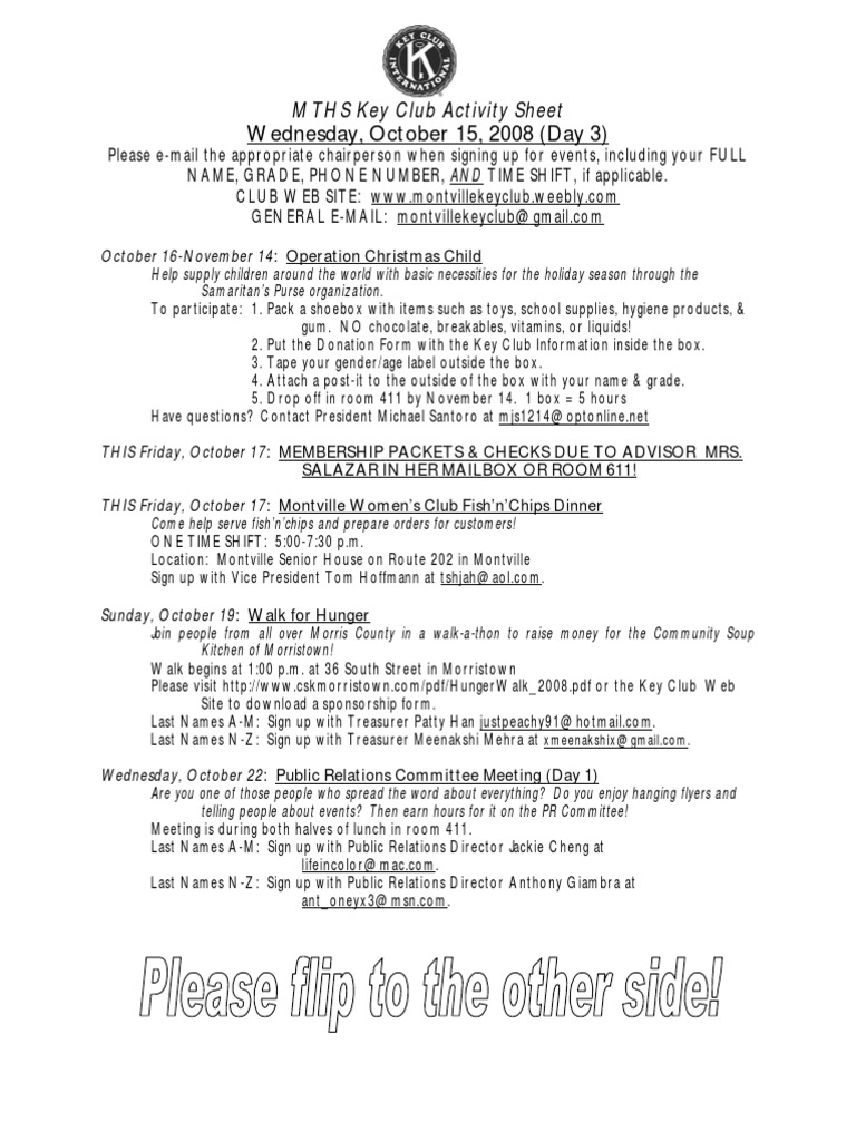 Wednesday, October 15, 2008 (Day 3) : MTHS Key Club Activity Sheet ...