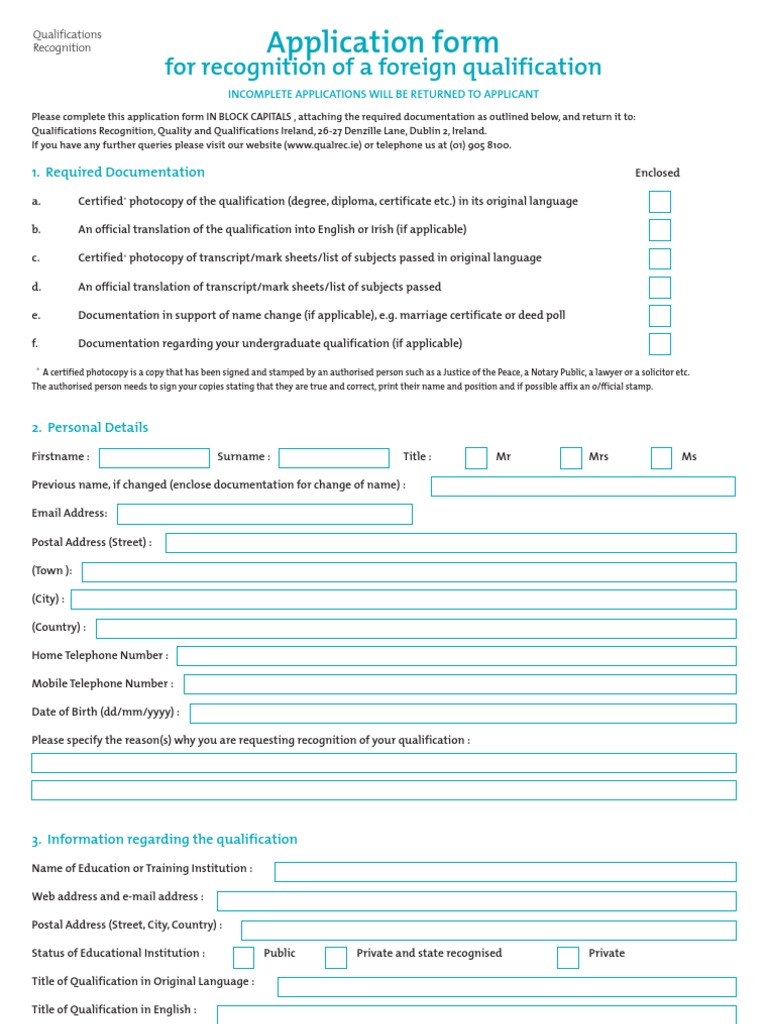 Application Form: For Recognition of A Foreign Qualification | PDF ...