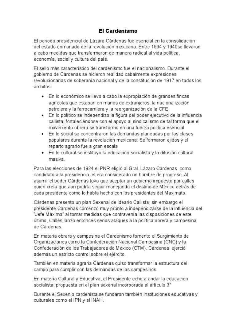 El Cardenismo Pdf Política