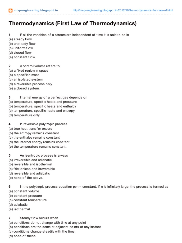MCQ Thermodynamics First Law of Thermodynamics | PDF | Gases | Heat