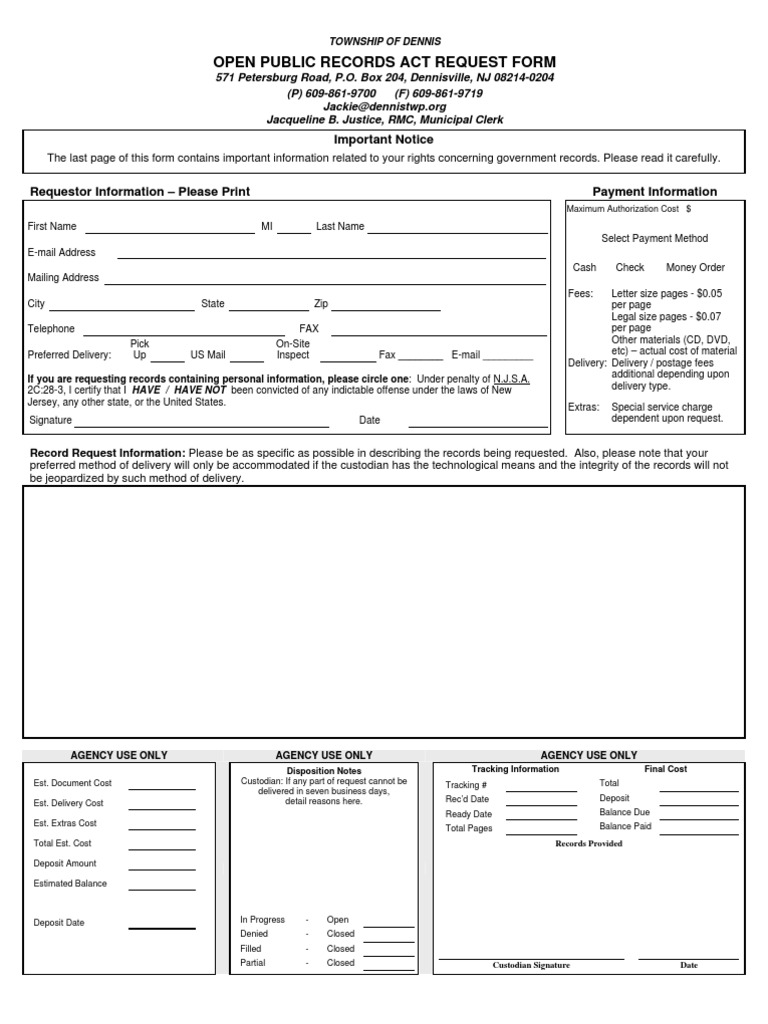 Dennis OPRA Request Form | PDF | Discovery (Law) | Computer Security