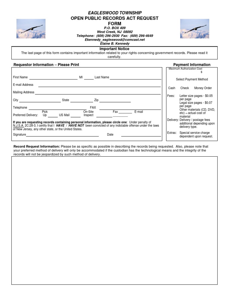 Eagleswood Township OPRA Request Form | PDF | Discovery (Law ...