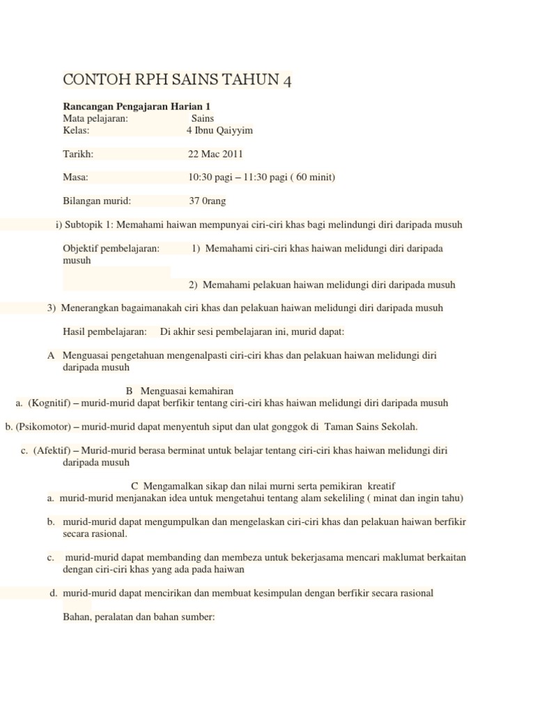 Contoh RPH Sains Tahun 4 | PDF