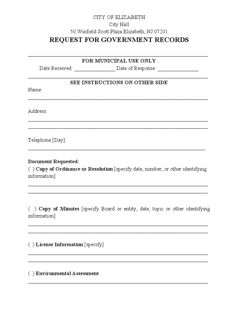 Elizabeth NJ Government Records Request Form | PDF | Overtime | Employment