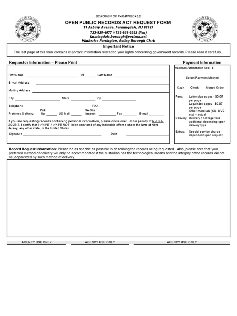 Farmingdale OPRA Request Form | PDF | Discovery (Law) | Computer Security
