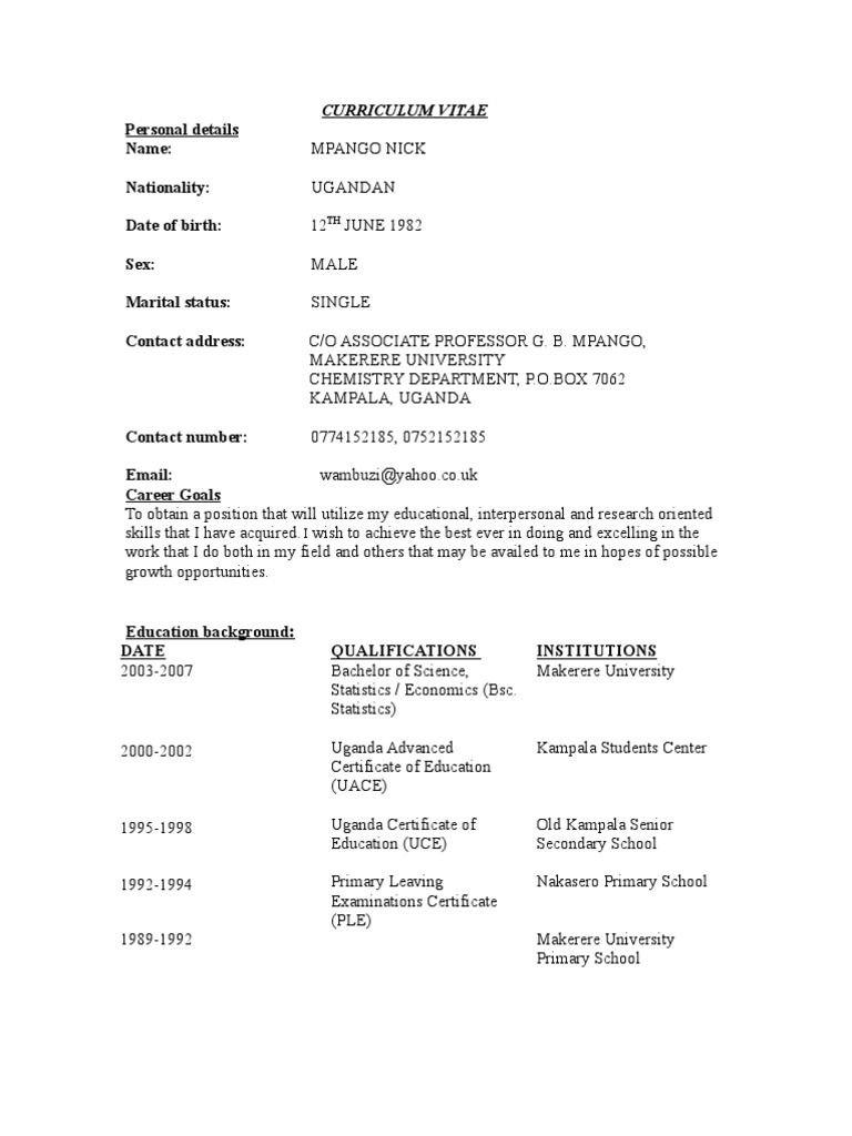 Mpango Nick Curriculum Vitae 4 | PDF | Uganda | Cognition