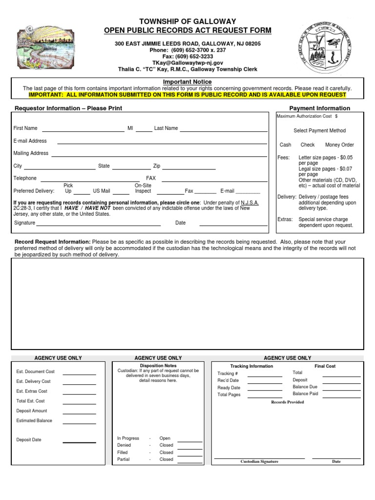 Galloway Township OPRA Request Form | PDF | Discovery (Law) | Computer ...