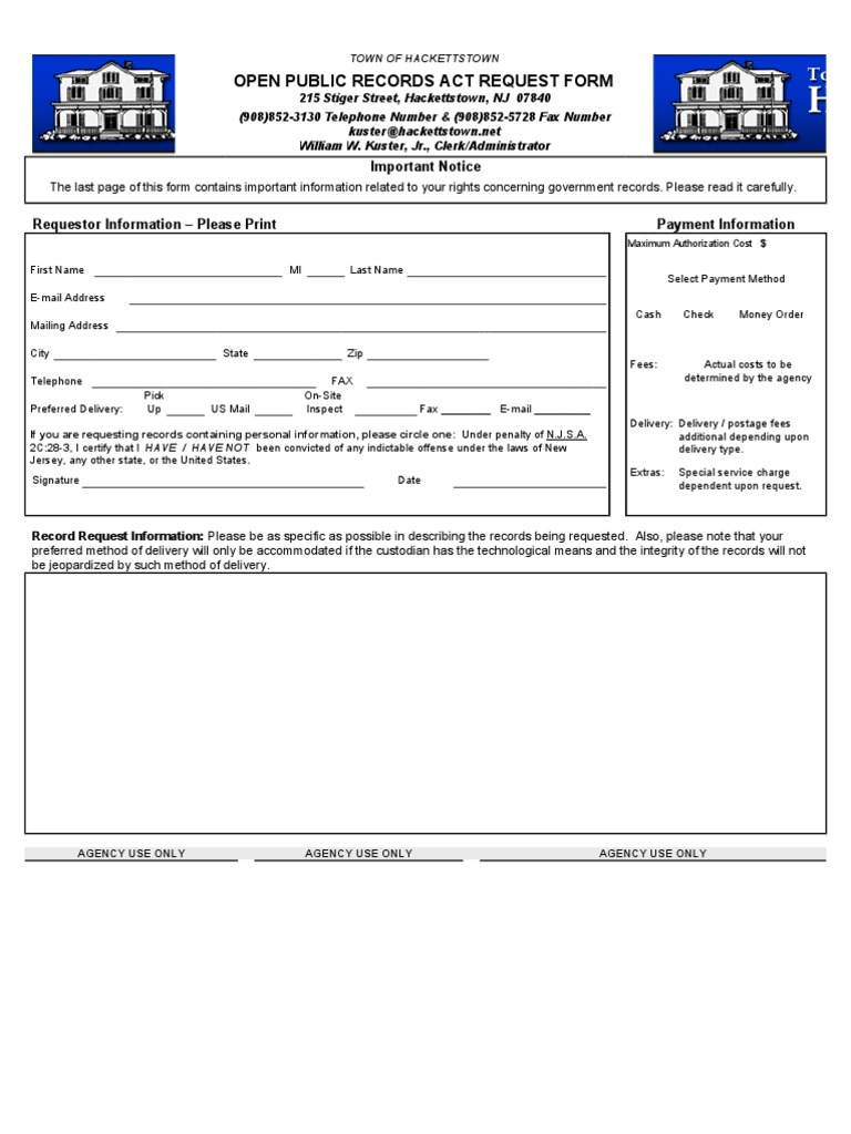 Hackettstown OPRA Request Form | PDF | Discovery (Law) | Computer Security