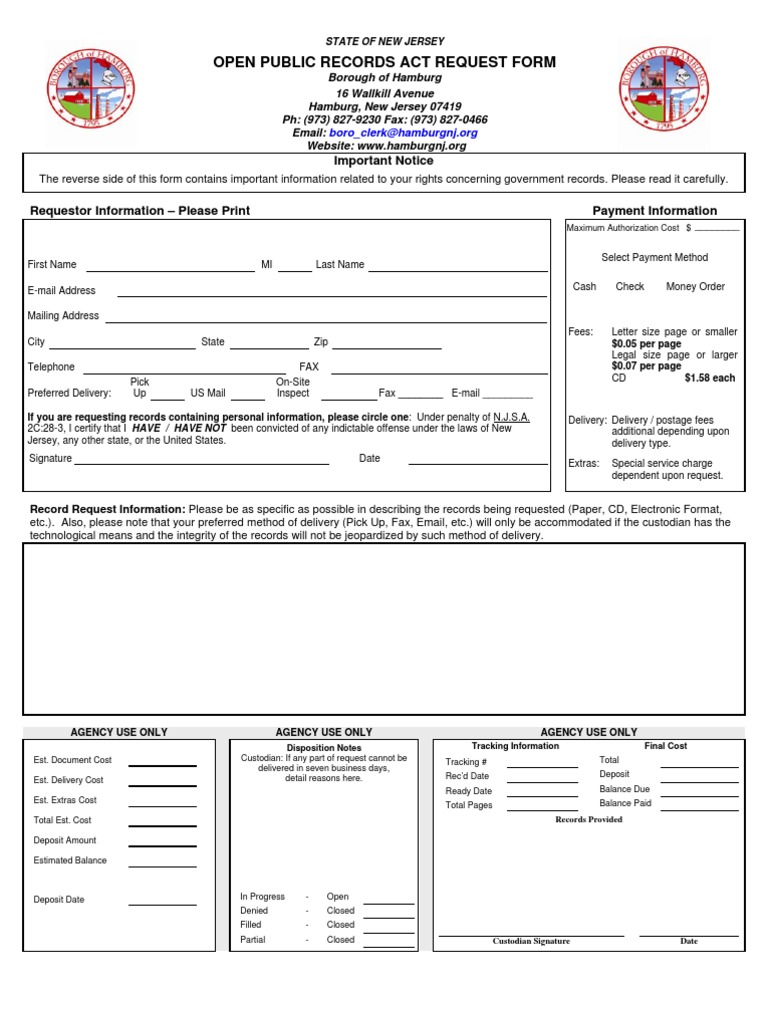 Hamburg OPRA Request Form | PDF | Email | Mail