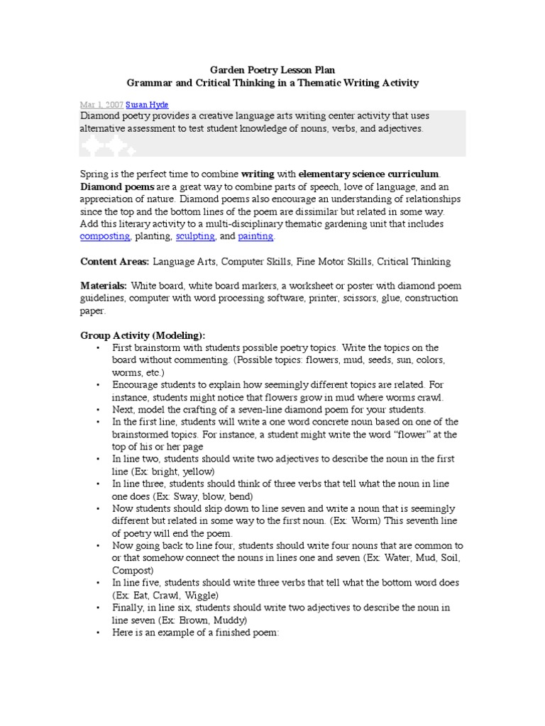 Growing Connections: A Diamond Poetry Lesson Plan to Encourage Critical ...