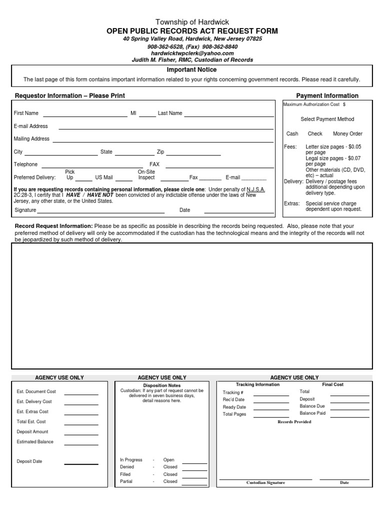 Hardwick Township OPRA Request Form | PDF | Discovery (Law) | Computer ...