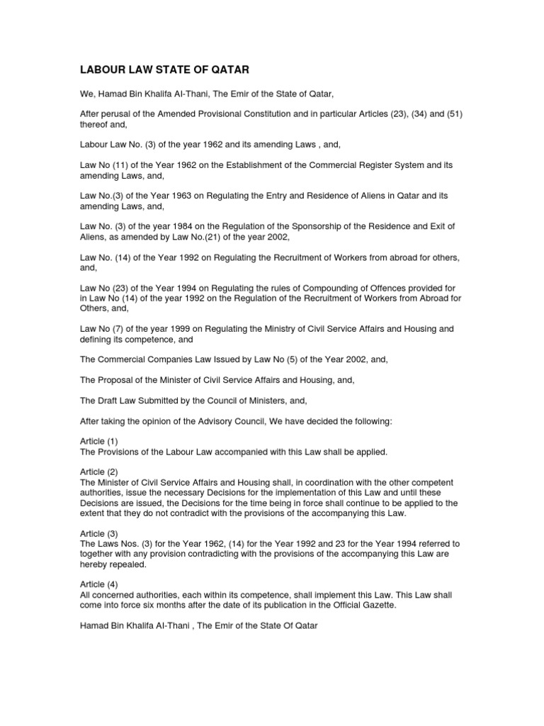 Qatar Labor Law | PDF | Qatar | Employment