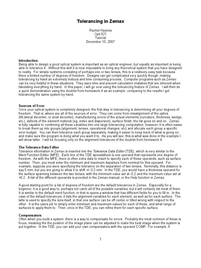 521.tutorial - Zemax Tolerancing - Haynes | PDF | Engineering Tolerance | Sensitivity Analysis