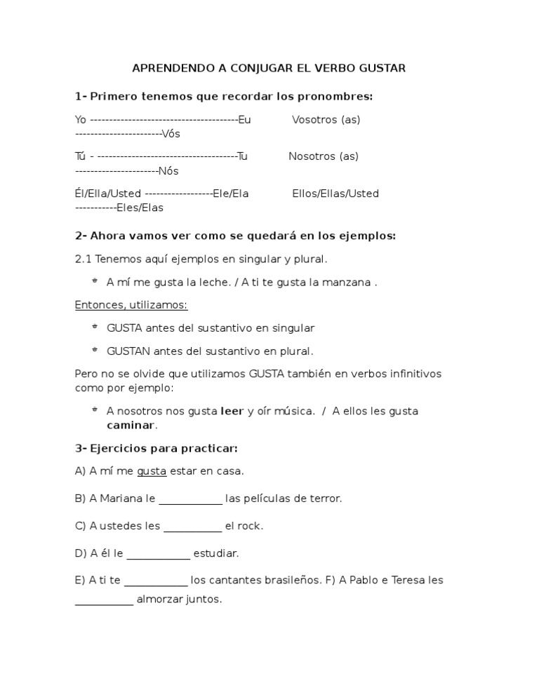 Aprendendo A Conjugar El Verbo GUSTAR | PDF