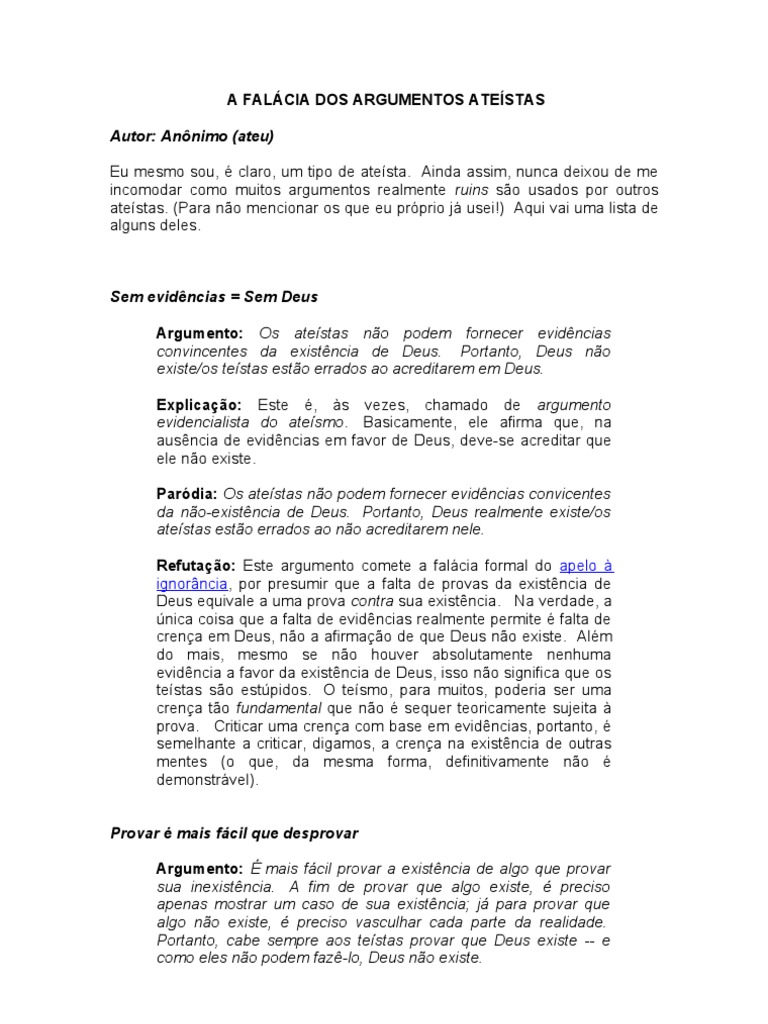 Ateístas, A Falácia Dos Argumentos | PDF | Ateísmo | Falácia Ateístas, A Falácia Dos Argumentos | PDF | Ateísmo | Falácia