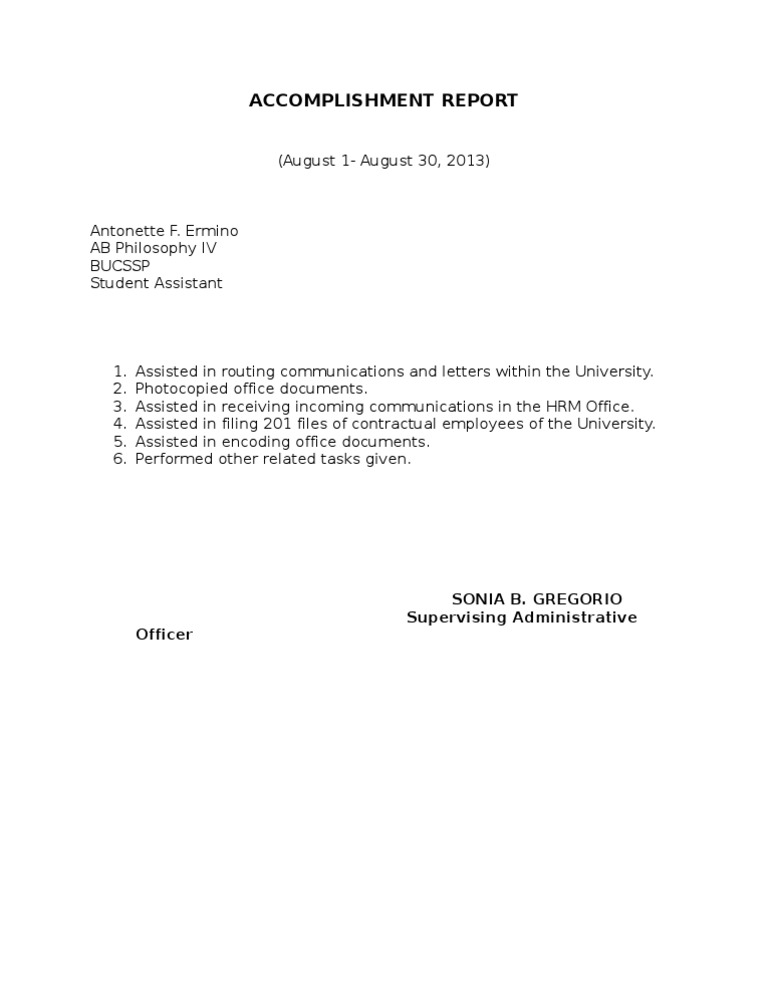 Accomplishment Report: Sonia B. Gregorio Supervising Administrative ...