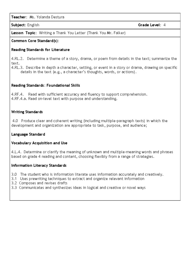 Thank You Letter Lesson Plan | PDF | Reading Comprehension | Teaching