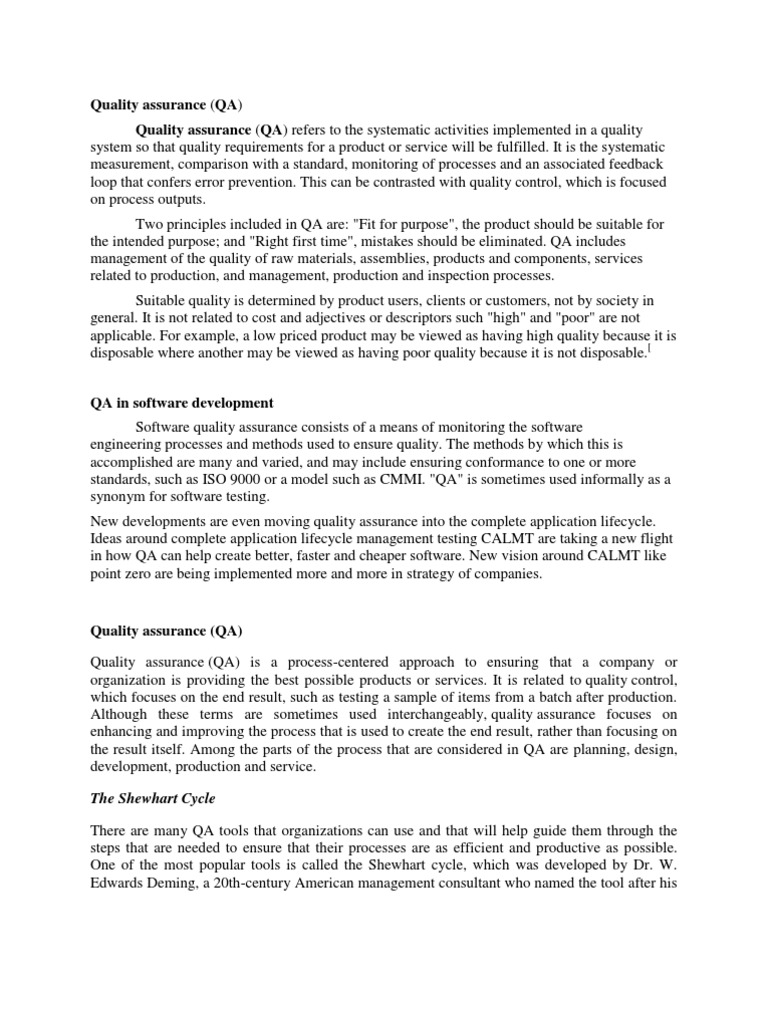 Quality Assurance (QA) Quality Assurance (QA) Refers To The Systematic ...