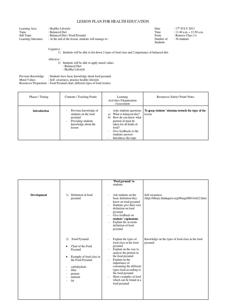 Balanced Diet Lesson Plan for Students | PDF | Healthy Diet | Lifestyle ...