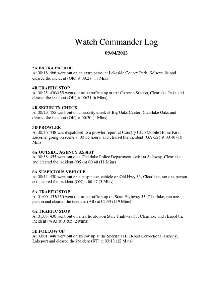 Lake County Sheriff's Watch Commander Logs | PDF | Traffic | Crime ...