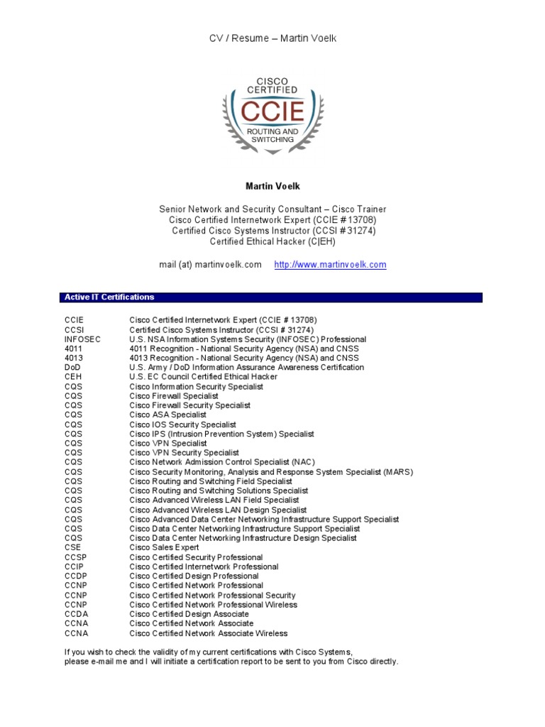 CV Martin Voelk | PDF | Cisco Certifications | Cisco Systems