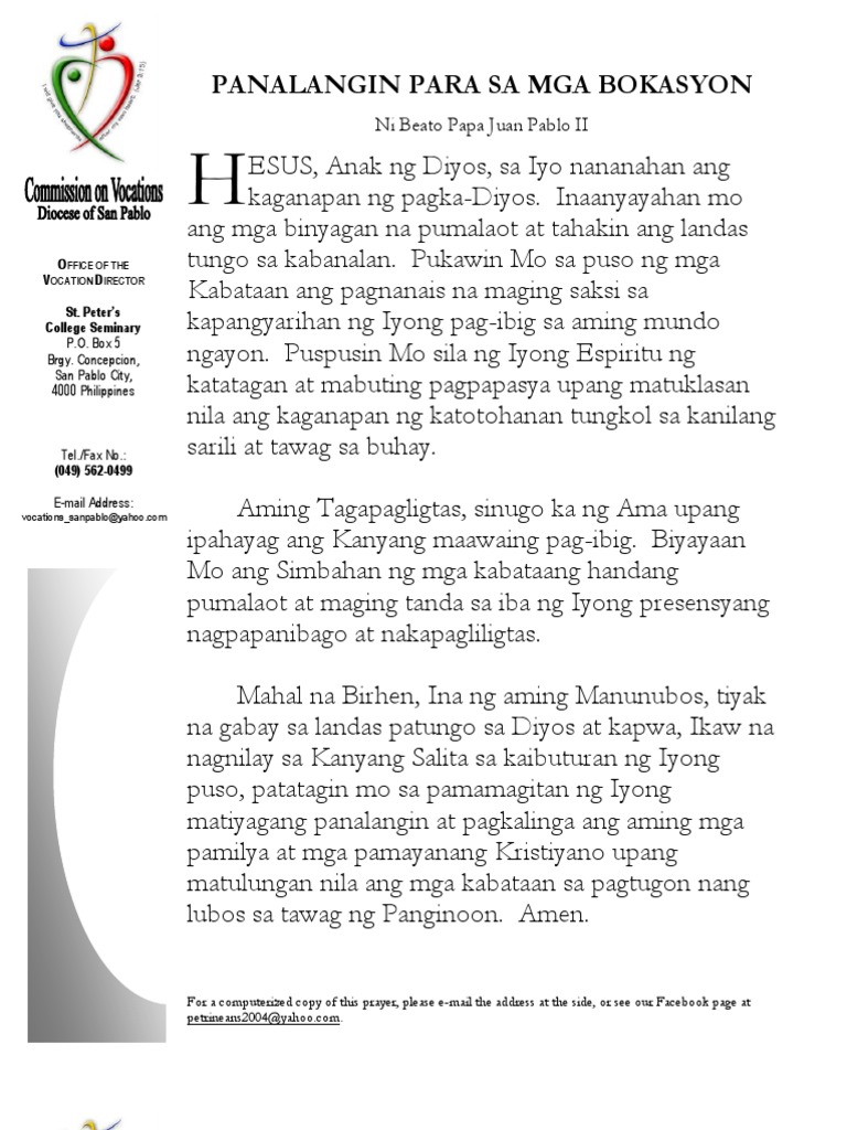 Prayer For Vocations Tagalog&English | PDF